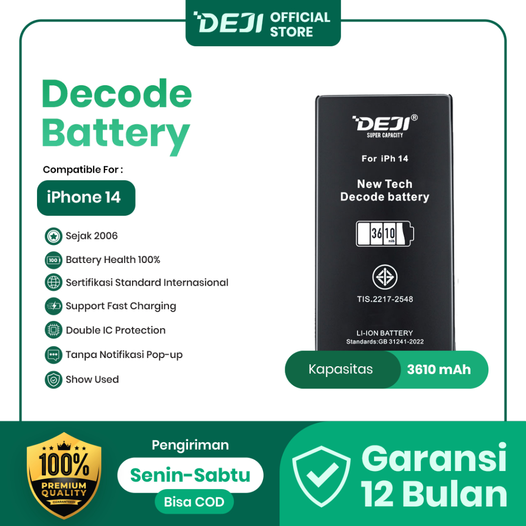 Jual DEJI Baterai iPhone 14 Li-ion 3610mAh 4.35V Decode Capacity iPhone ...