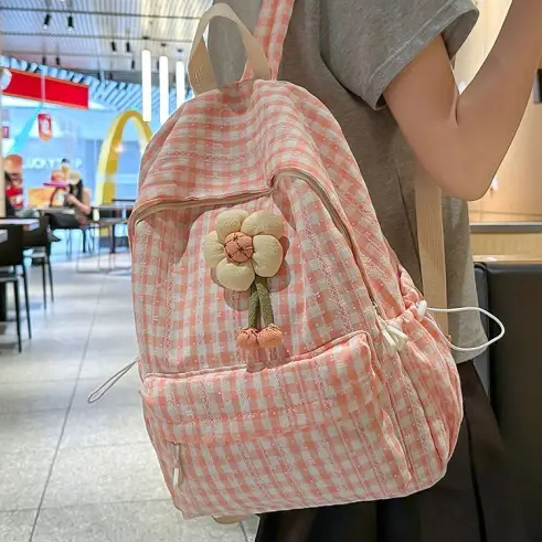 Jual [Liontin Gratis]Tas Sekolah Wanita Lucu Pink Tas Ransel Checker ...