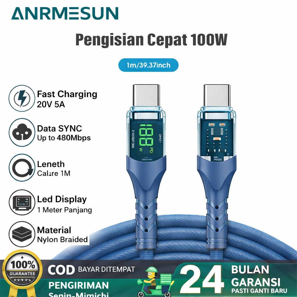 Jual ANRMESUN Kabel Charger USB Type C 100W Fast Charging dengan LED ...