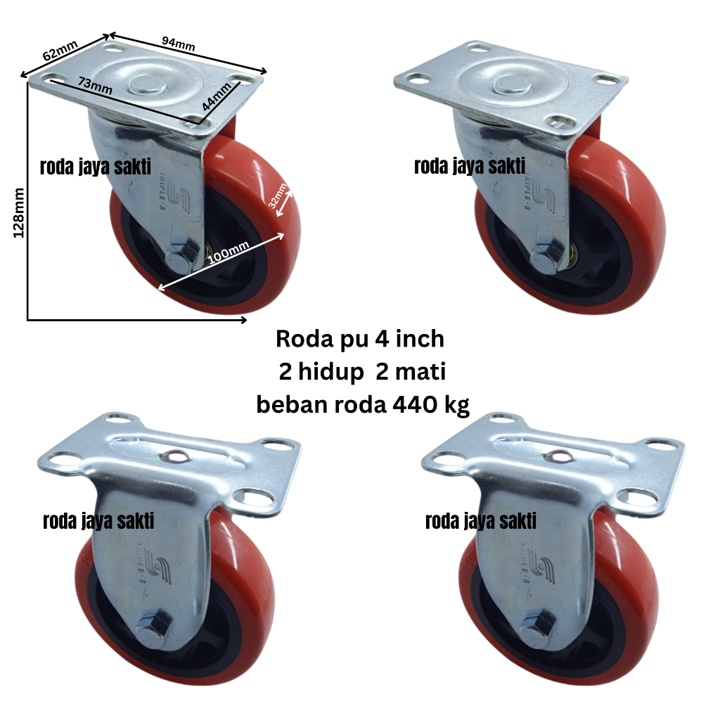Jual Roda pu merah 4 inch 2 hidup & 2 mati beban roda 440 kg | Shopee ...