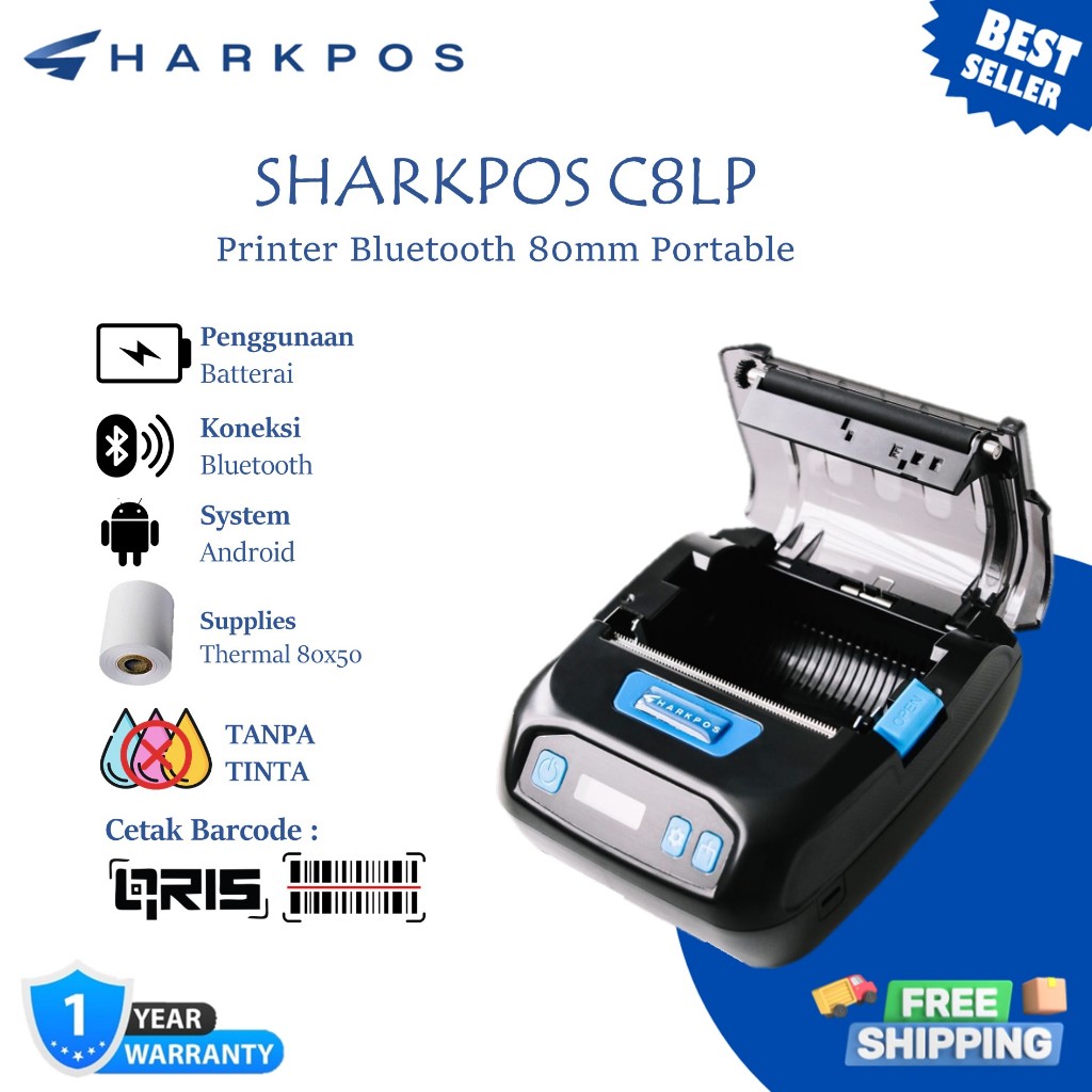 Jual Sharkkpos Printer Bluetooth Thermal 80mm C8LP RPP02N Portable ...
