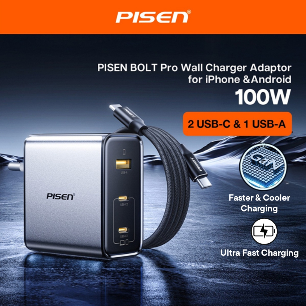 Jual PISEN BOLT Pro GaN 100W Utility Wall Charger 3 in 1 Port Type C ...