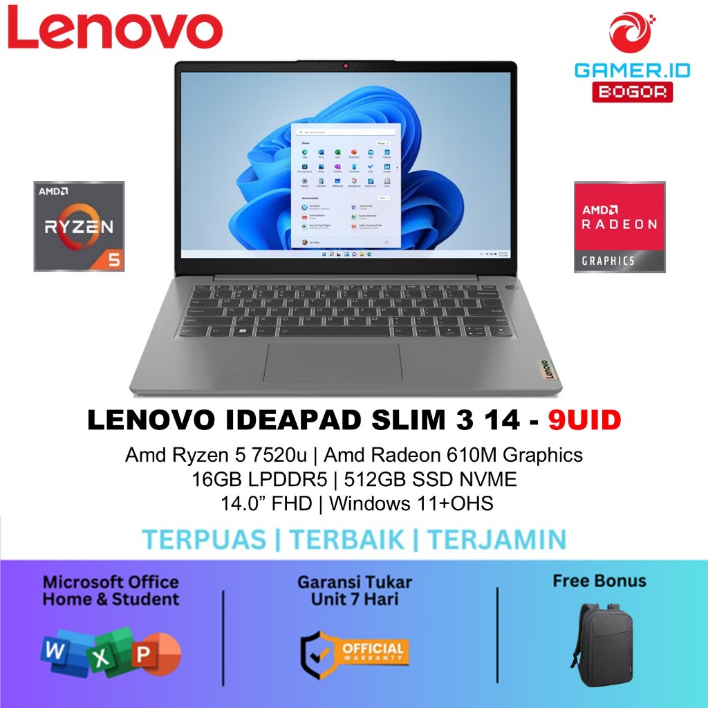 Jual LENOVO IDEAPAD SLIM 3 14 AMD RYZEN 5 7520U 16GB 512GB W11+OHS 14.0 ...
