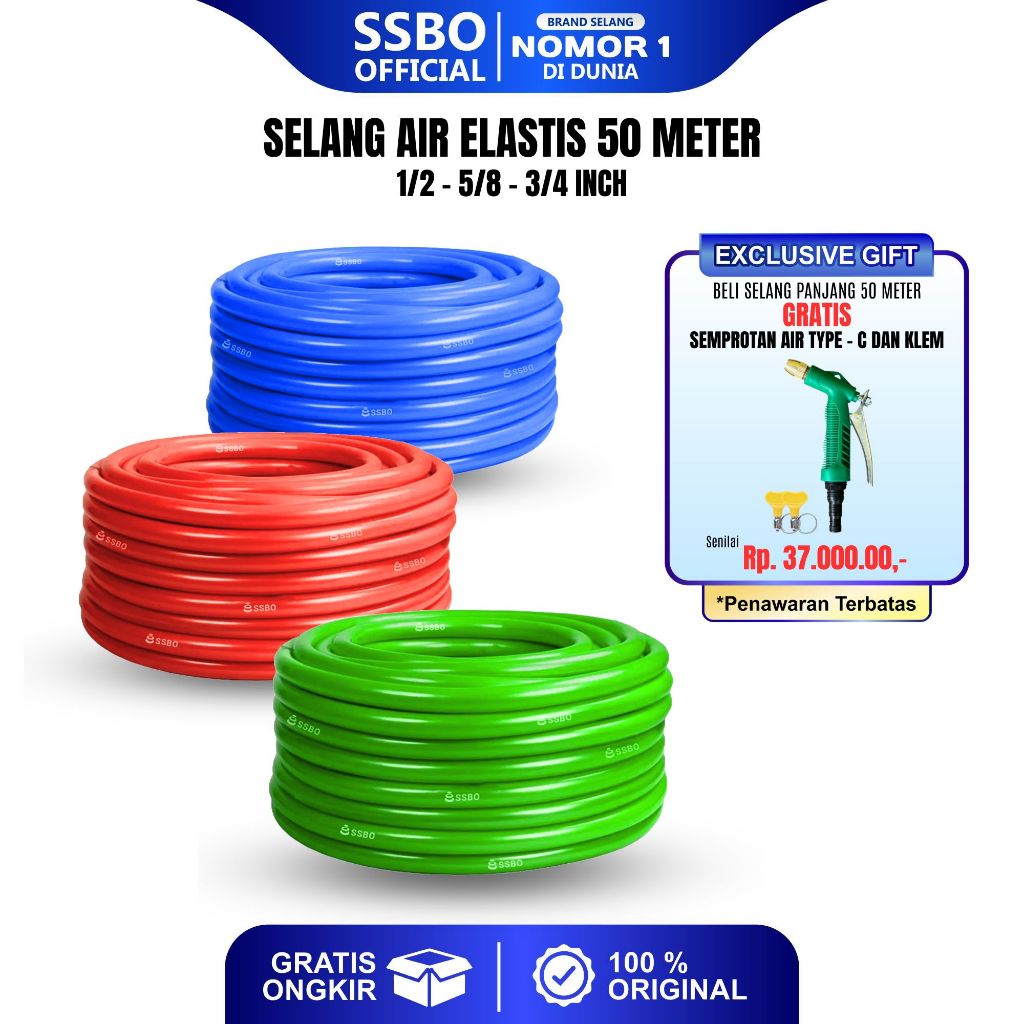 Jual SSBO Selang Air Elastis Dop 50 Meter 1/2 5/8 3/4 Inch 1 Rol Tebal ...