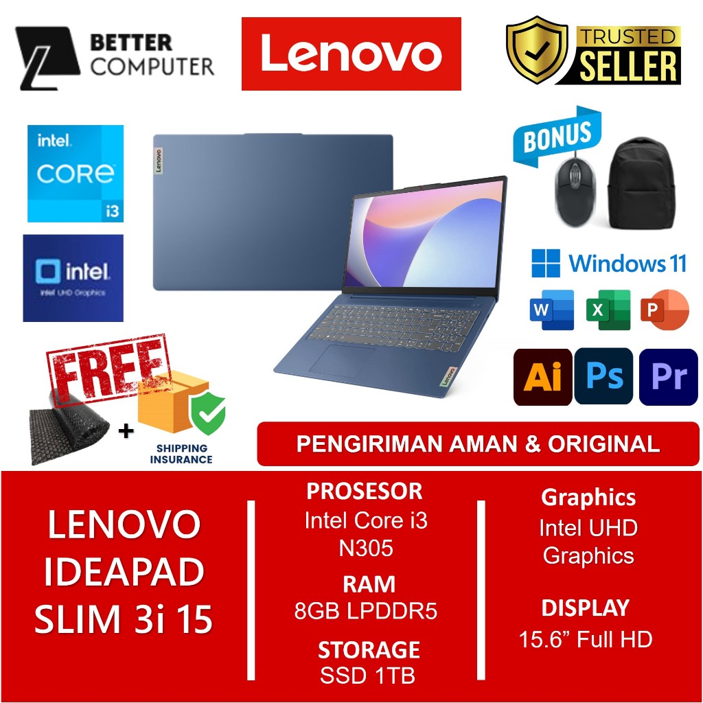 Jual Laptop Lenovo Ideapad Slim 3i 15 Intel Core i3 N305 Ram 8GB DDR5 ...