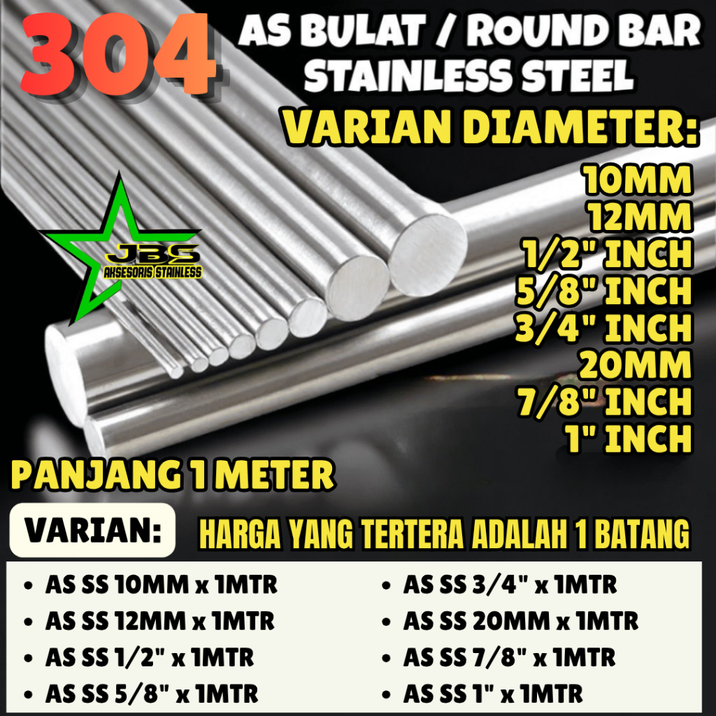 Jual AS SS 304 - 10MM/12MM/1/2"/5/8"/3/4"/20MM/7/8"/1" PANJANG 1 METER ...