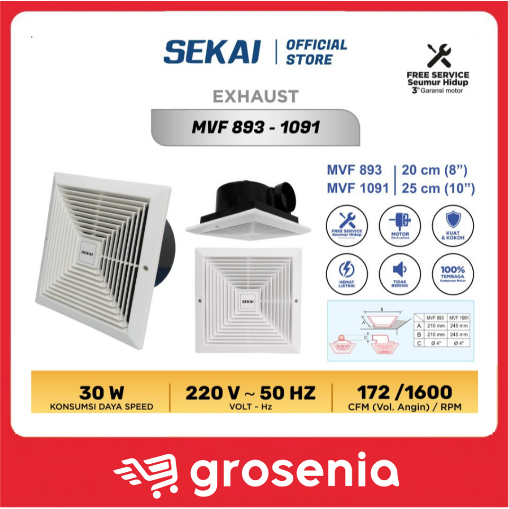 Jual SEKAI Exhaust Fan / Kipas Angin Hexos Plafon Dak 8 Inch MVF 893/ ...