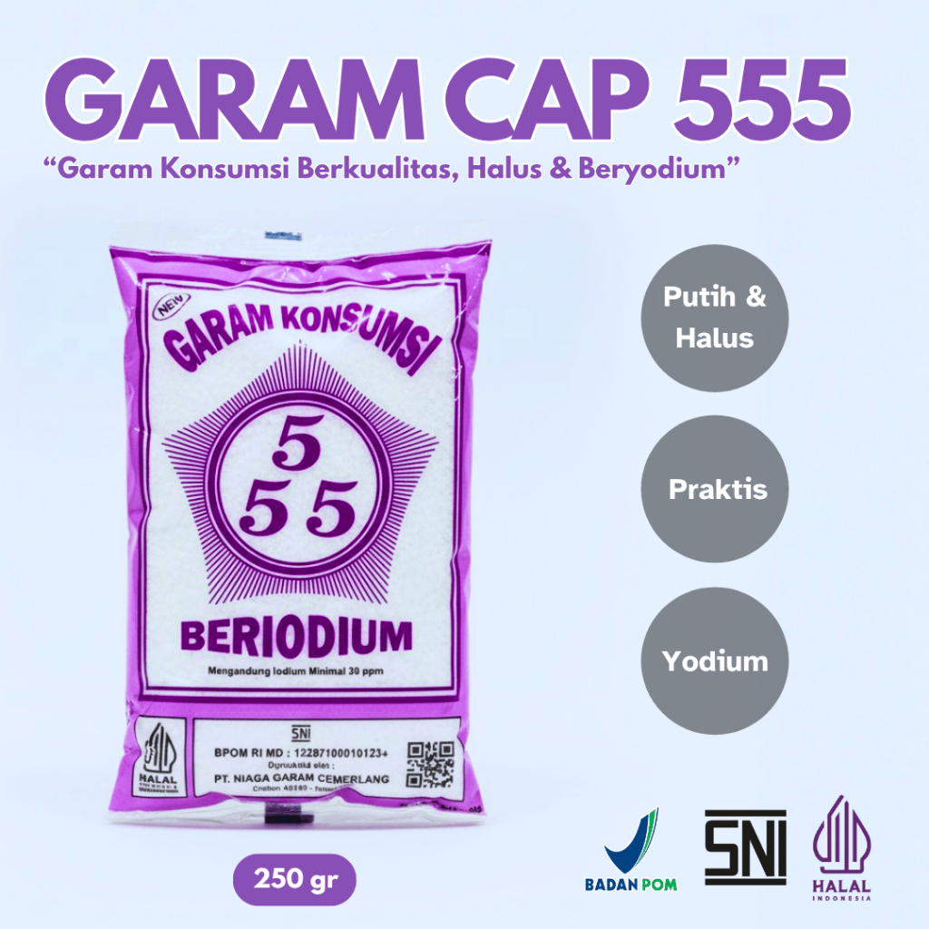 Jual Garam Cap 555 Beriodium (250 gr) | Tersertifikasi Halal, SNI, BPOM ...