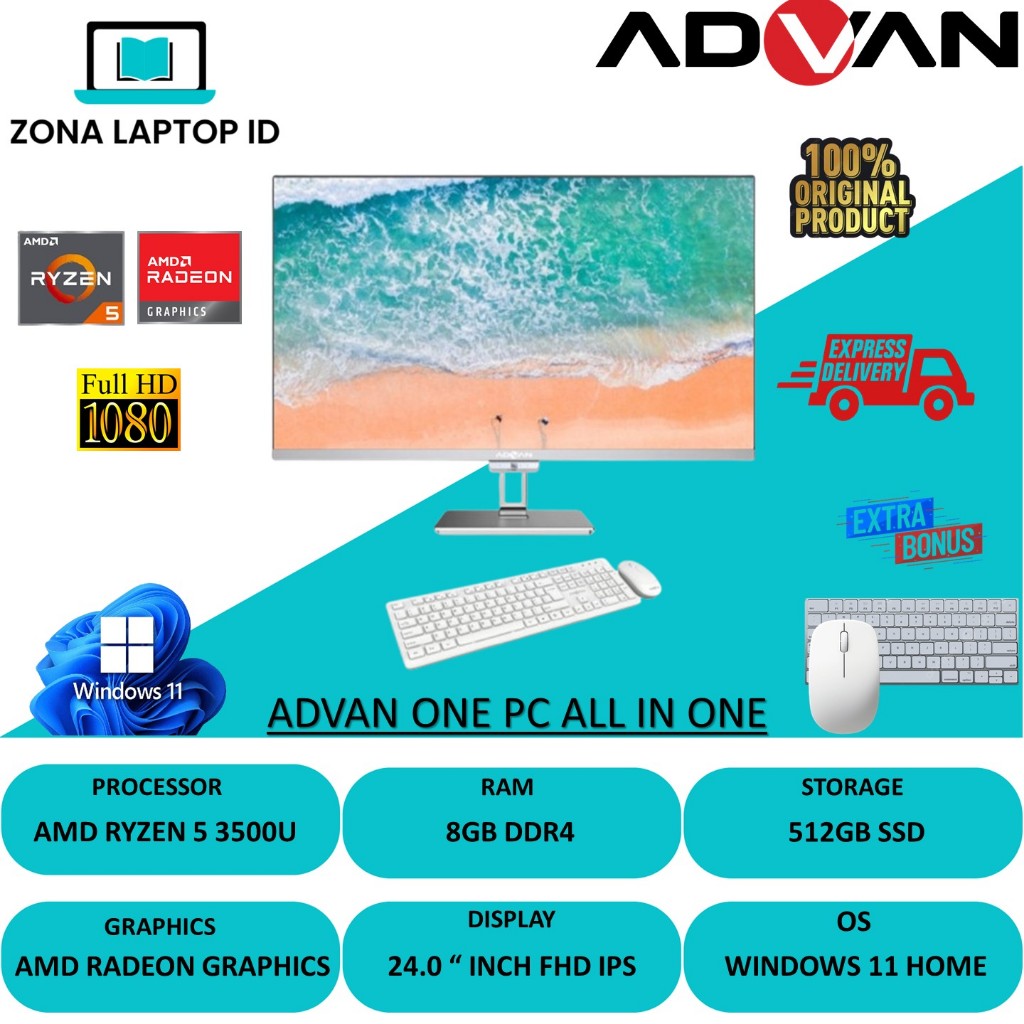 Jual Advan One PC All in One Desktop 24" inch AMD Ryzen 5 3500U 8GB ...