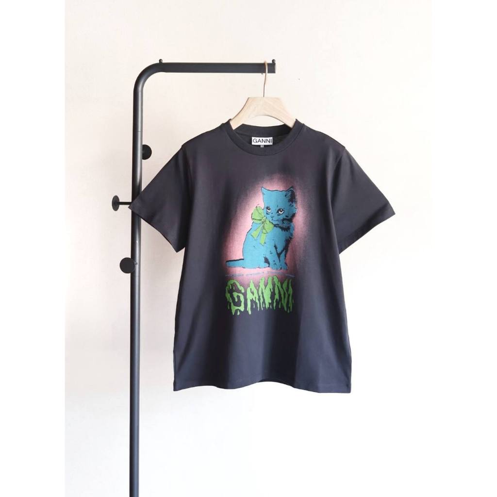 Jual Ganni cats kitty bow tshirt in dark grey | Shopee Indonesia