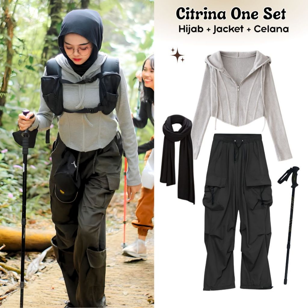 Jual one set 3in1 jacket longsleeve + celana cargo + hijab pasmina ...