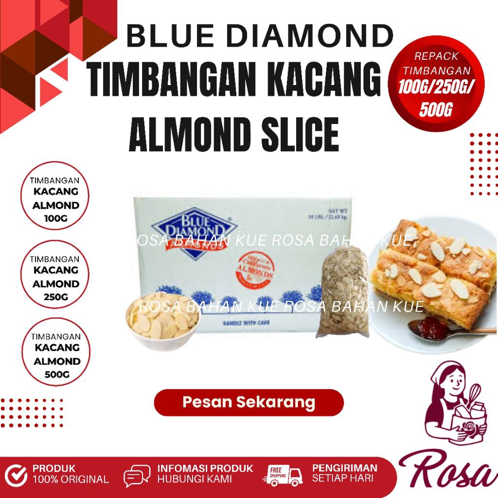 Jual Kacang Almond Slice Blue Diamond Repack Timbangan 100g, 250g, 500g ...