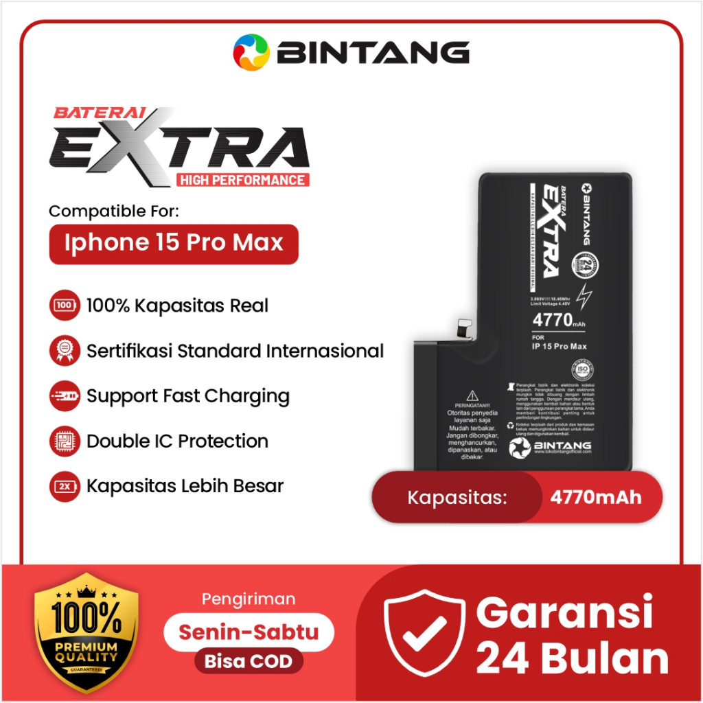 Jual BINTANG Baterai EXTRA HIGH PERFORMANCE IPHONE 15 PRO MAX Li-ion ...
