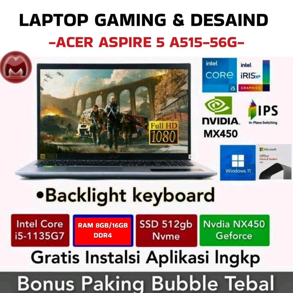 Jual Laptop Acer Aspire 5 A515-56G Core i5-1135G Nvdia MX450 Ram 8Gb ...