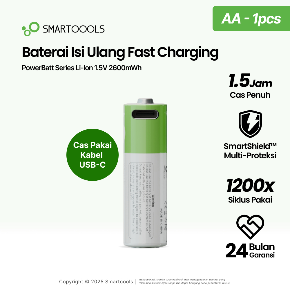 Jual Baterai Is Ulang 1pcs Smartoools PowerBatt AA Li-Ion 1.5V Type-C ...