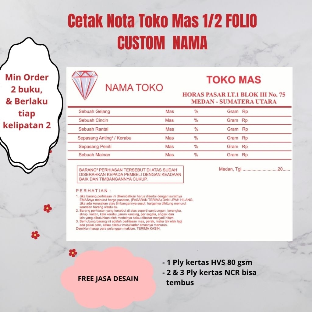 Jual CETAK 1/2 FOLIO FAKTUR NOTA TOKO MAS PERHIASAN CUSTOM | Shopee ...