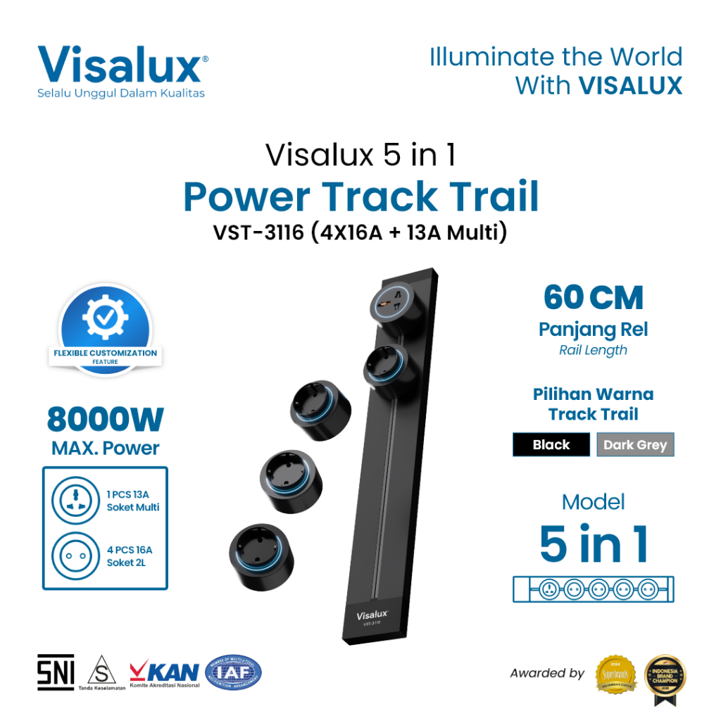 Jual Visalux Power Track Trail 5in1 8000W Soket Multi 13A & 16A Rel ...