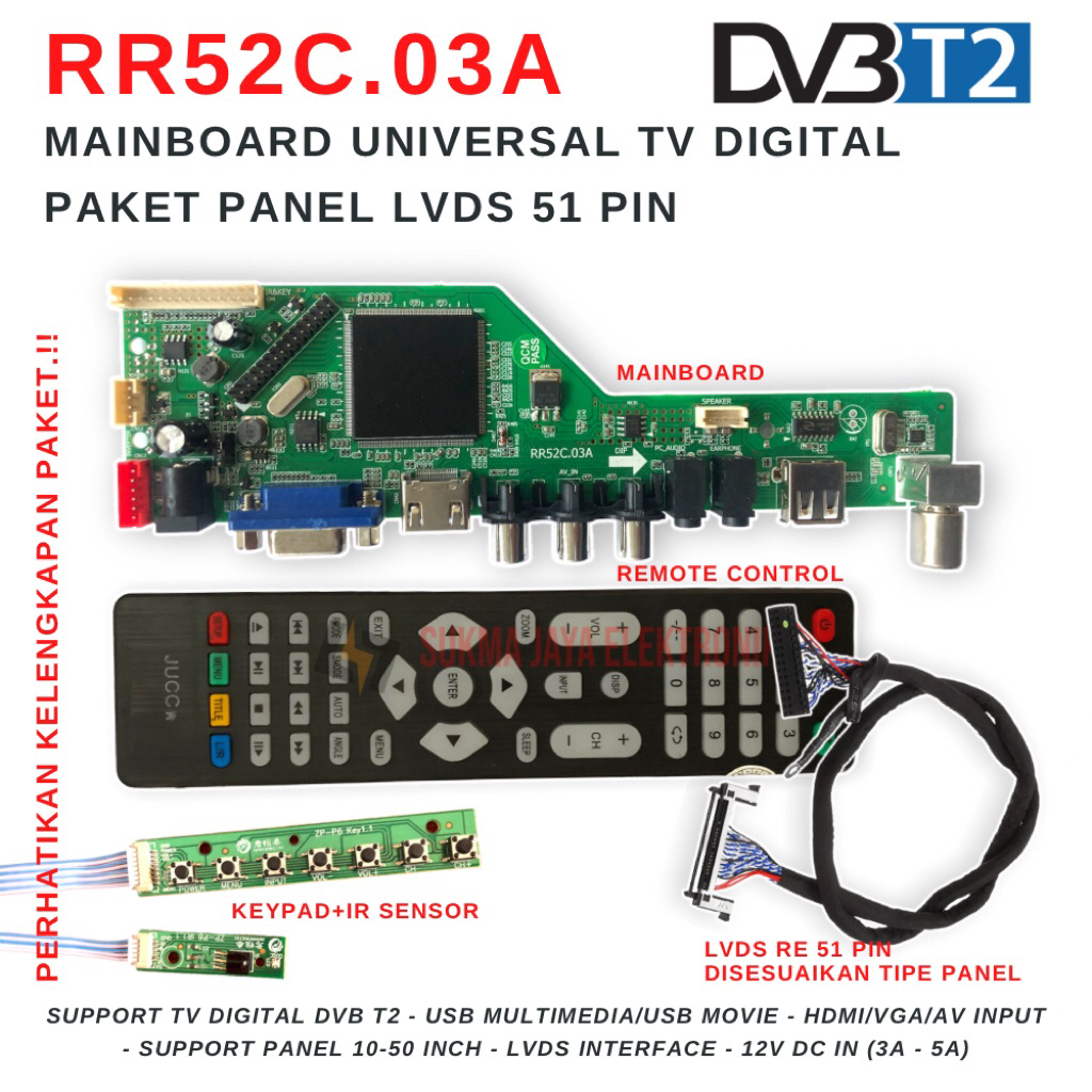 Jual Paket Panel LVDS 51 PIN Mainboard TV Digital DVB T2 DTV Universal ...