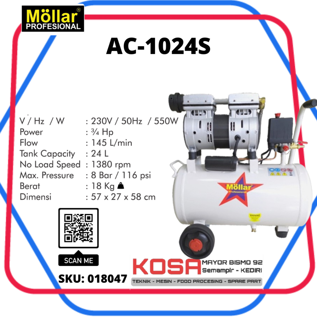 Jual MOLLAR AC 1024 Kompresor Oilless 24L 3/4Hp Mollar Kompresor Silent ...