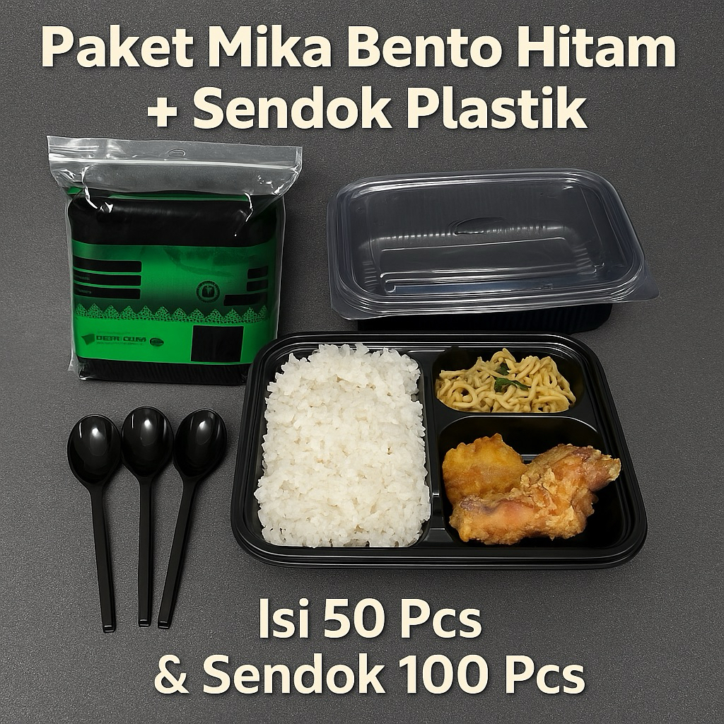 Jual Paket Mika Bento Sekat 4 isi 50 Pcs + Sendok Plastik Hitam JD 100 ...