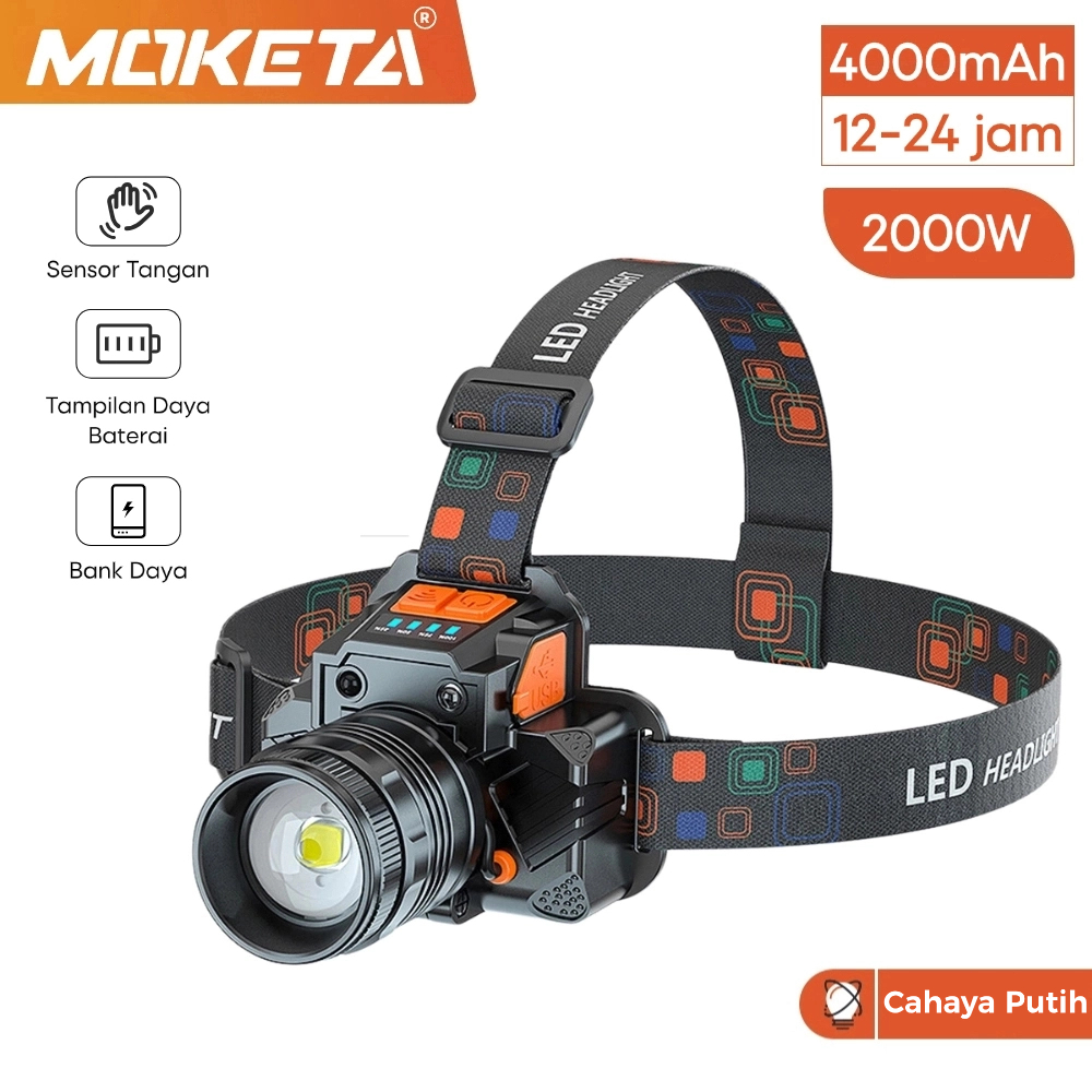 Jual MOKETA Senter Kepala Super Terang 2000W Tahan Air Zoom Dengan ...