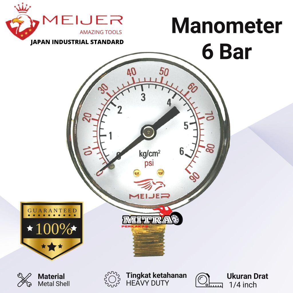 Jual Pressure Gauge 6 Bar Meijer | Manometer Tekanan Angin Air 90 Psi ...