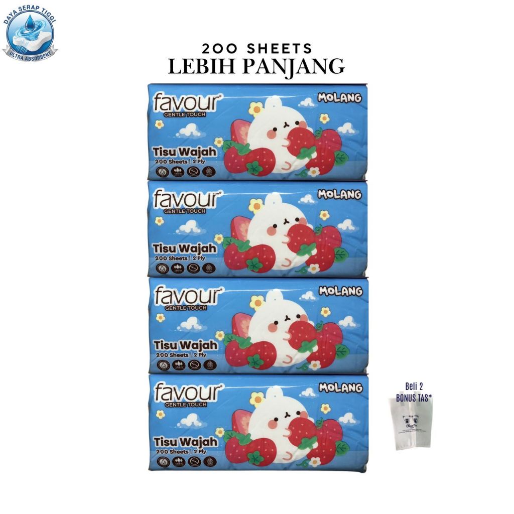 Jual [4 Pack] Favour Molang Facial Tissue 200 Sheets 2 ply Tisu Lembut ...
