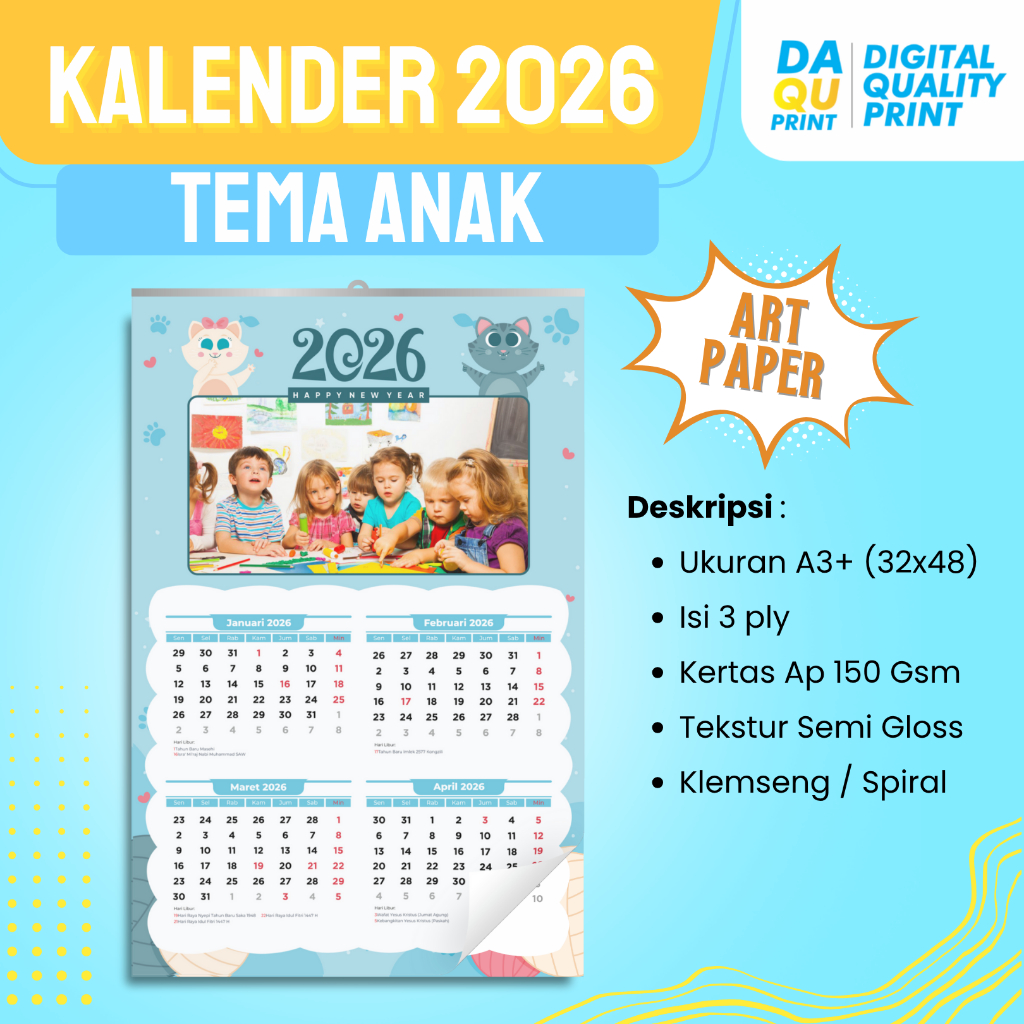 Jual [AP150] Kalender 2026 Custom Foto A3+ Tema Anak | Kalender Dinding ...