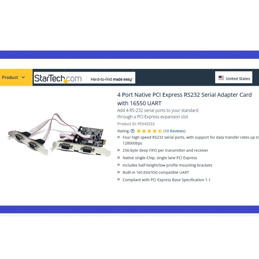 Jual 4 Port RS232 Serial port COM DB9 Startech PEX4S553 pcie Card with 16550 UART | Shopee Indonesia