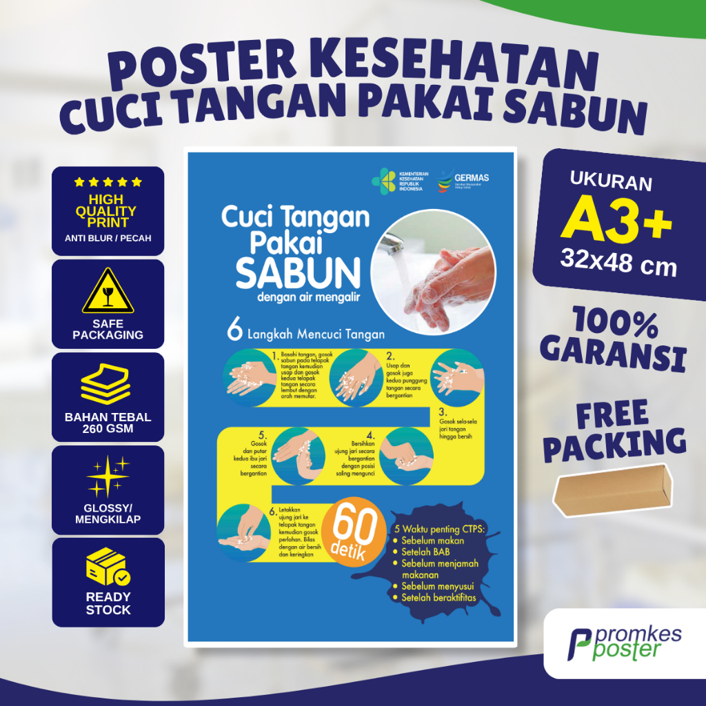 Jual Poster Kesehatan Cuci Tangan Pakai Sabun CTPS 60 Detik A3+ 32x48 ...