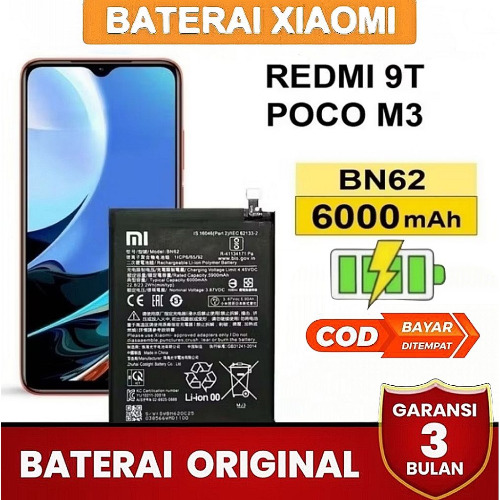 Jual Baterai XMI BN-62 Untuk Hp Xmi REDMI 9T / POCO M3 Kapasitas 6000 ...