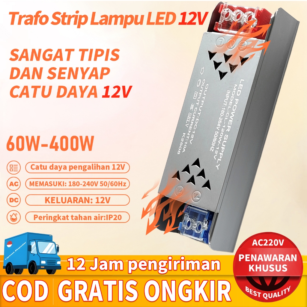 Jual (Kirim Sekarang) Trafo Slim LED Strip 12V 5A 10A 60W 120W 200W ...