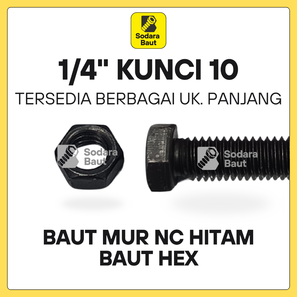Jual Baut Mur Hitam UNC/NC Ukuran 1/4" x Kunci 10 / Baut Mur Inchi ...