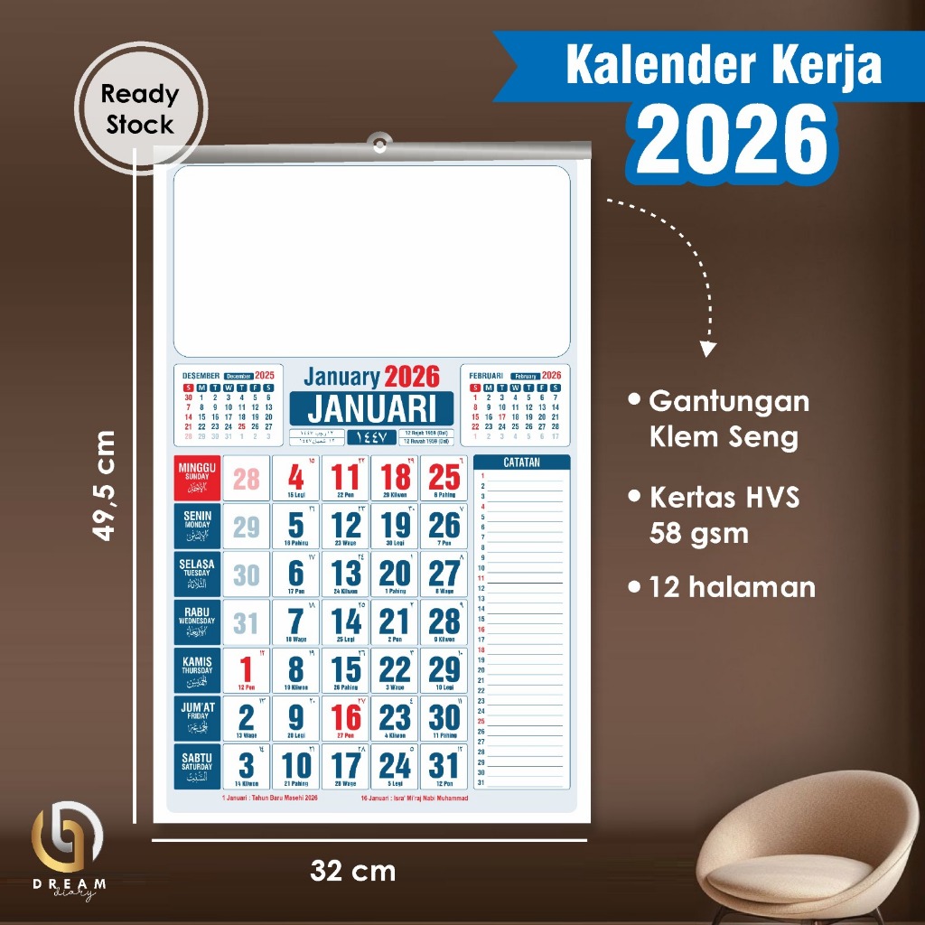 Jual Kalender Kerja 2026/Kalender Dinding 12 Lembar/Ukuran 32 X 49,5CM ...