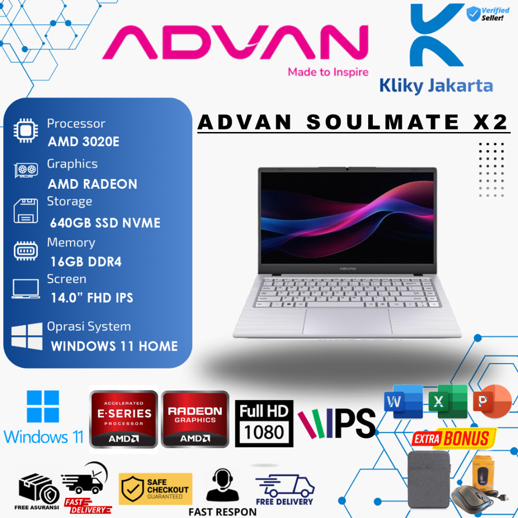 Jual Laptop Advan Soulmate X2 AMD Athlon 3020e RAM 8GB 128GB FHD IPS ...