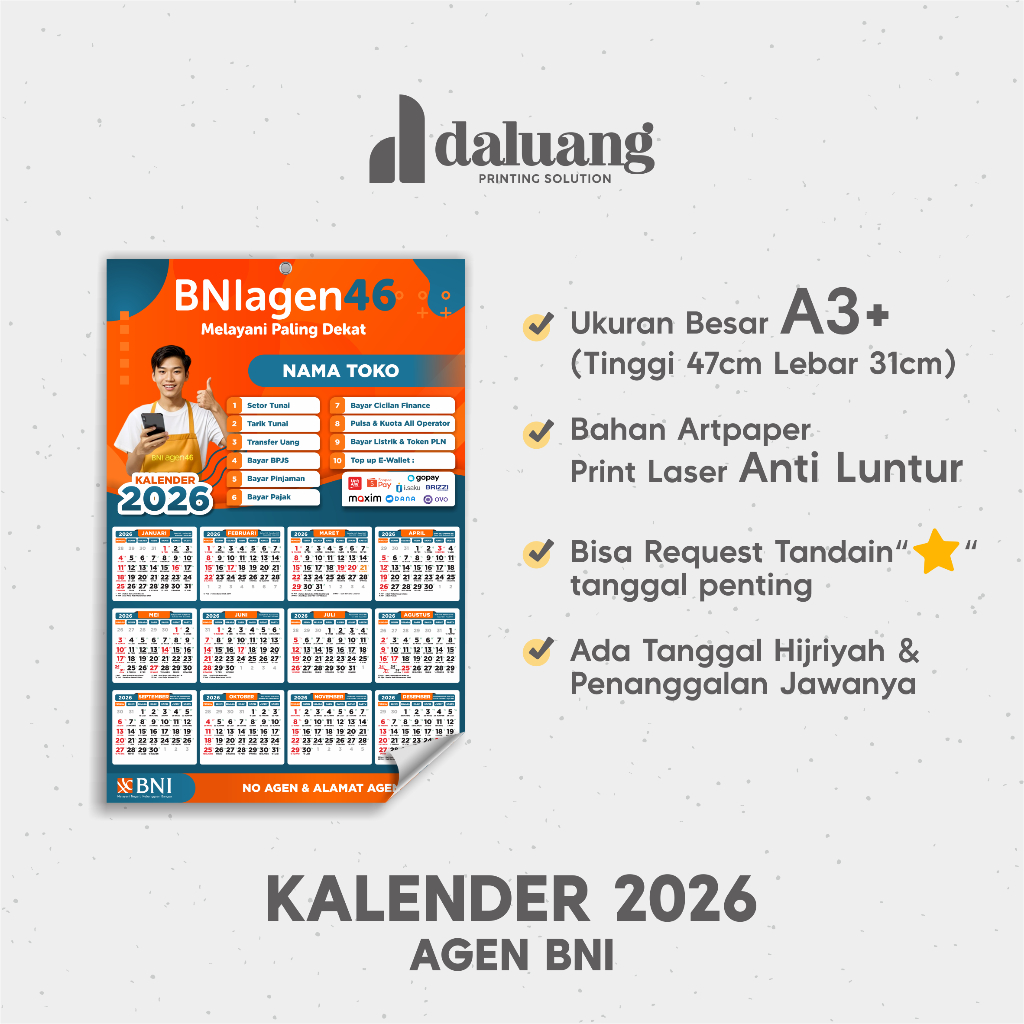 Jual Kalender 2026 Agen Bank BNI 46 Custom Desain Suka Suka Foto Konter ...