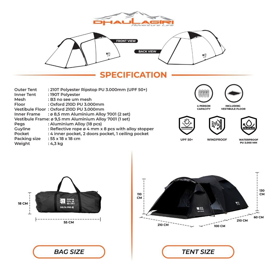 Jual TENDA DHAULAGIRI DELTA PRO 4 GREY/KAPASITAS 4 ORANG | Shopee Indonesia