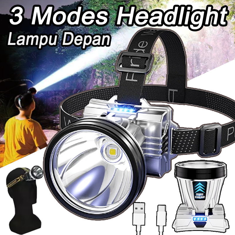 Jual YMJR New Hitam Senter Kepala Cahaya Maksimal Plus RechargePro USB ...