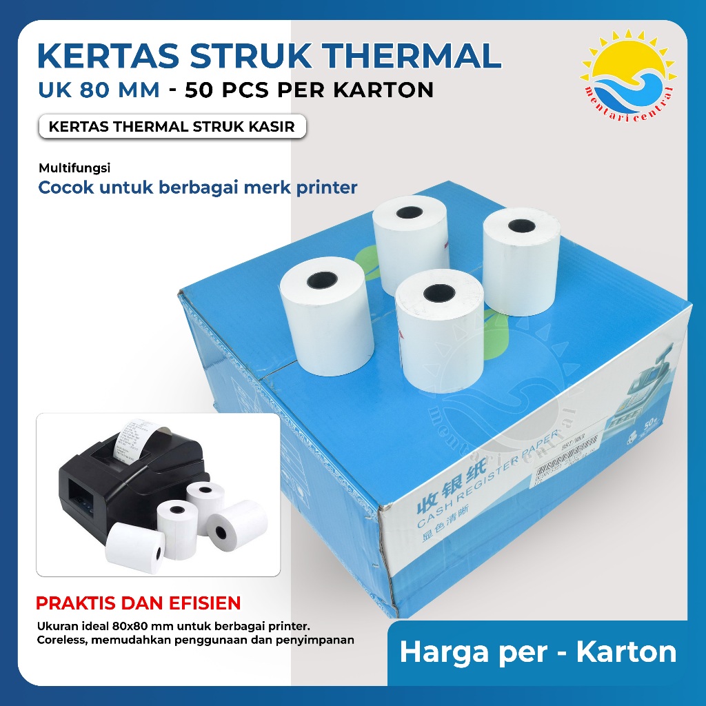Jual Kertas Struk Kasir Paper Roll Termal 1 karton 50 roll uk 80x80mm ...
