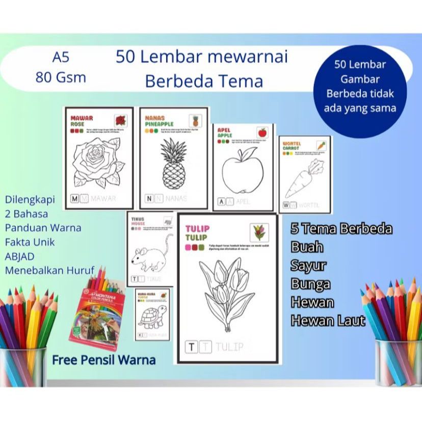 Jual Coloring Page Paket Anak 50 Lembar Mix Berbeda Gambar Free Pensil ...