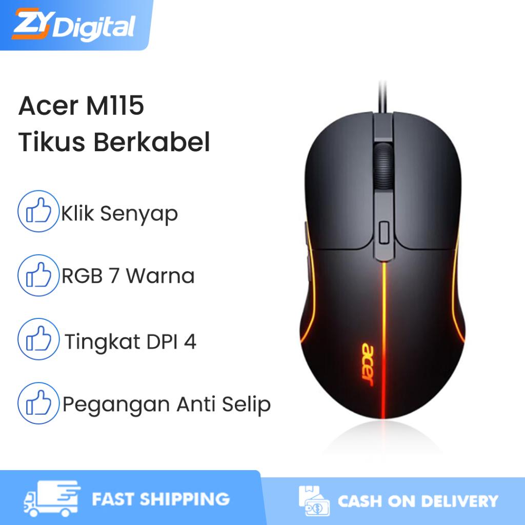 Jual Acer M115 Mouse Wired Efek Cahaya Mute Click 3200DPI Mouse Gaming ...