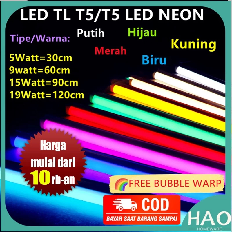 Jual Lampu TL5 Neon T5 LED 5/10/15/20 Watt Tube Warna Warni 30 cm / 60 ...