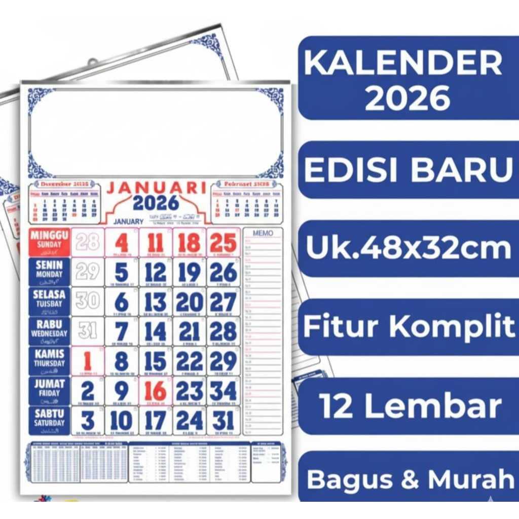 Jual KALENDER DINDING 2026 UKURAN 32x48 CM 12 Lembar Fitur Komplit ...