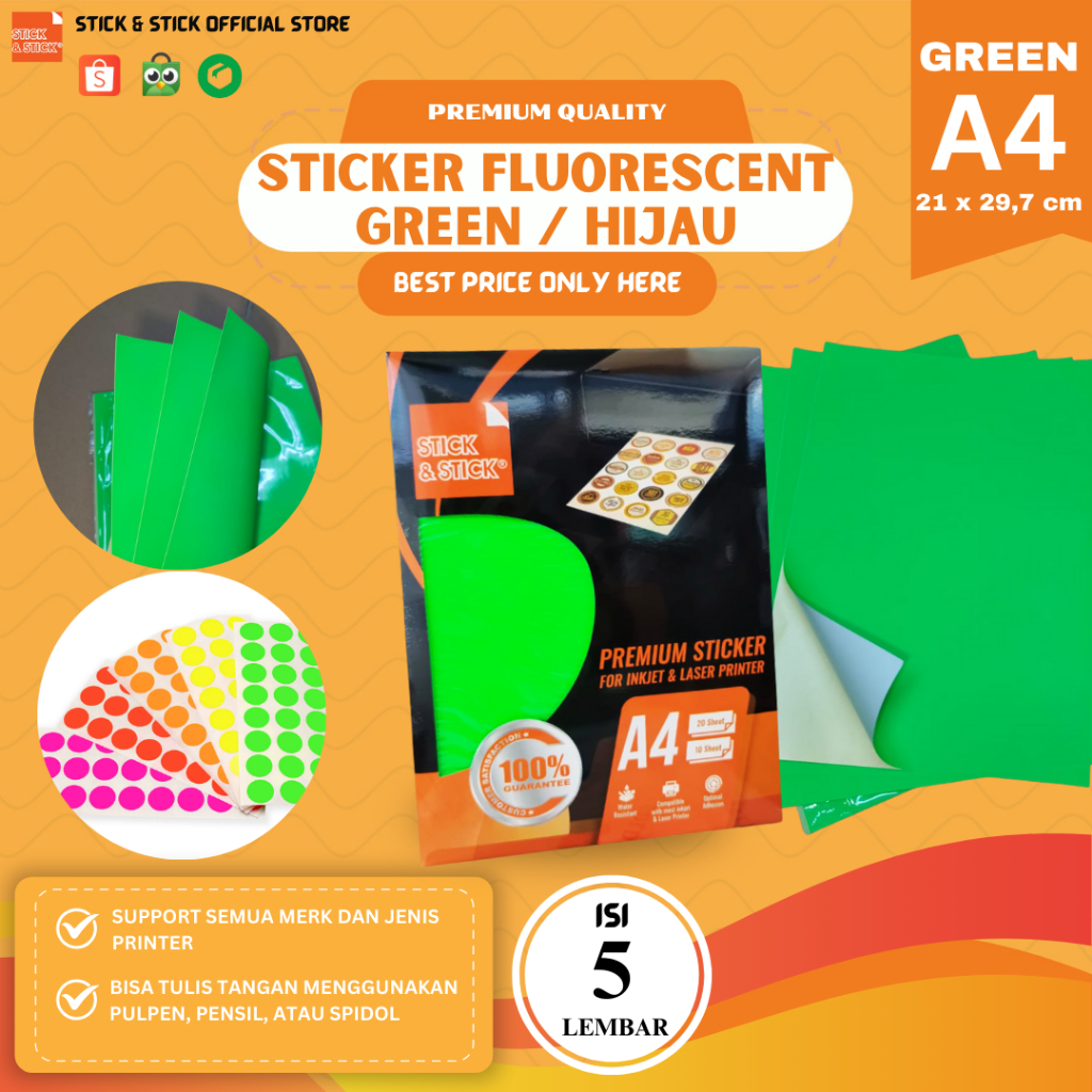 Jual Stiker Fluorescent Green, Orange, Peach, Red, Yellow 70 gsm A4 Isi ...