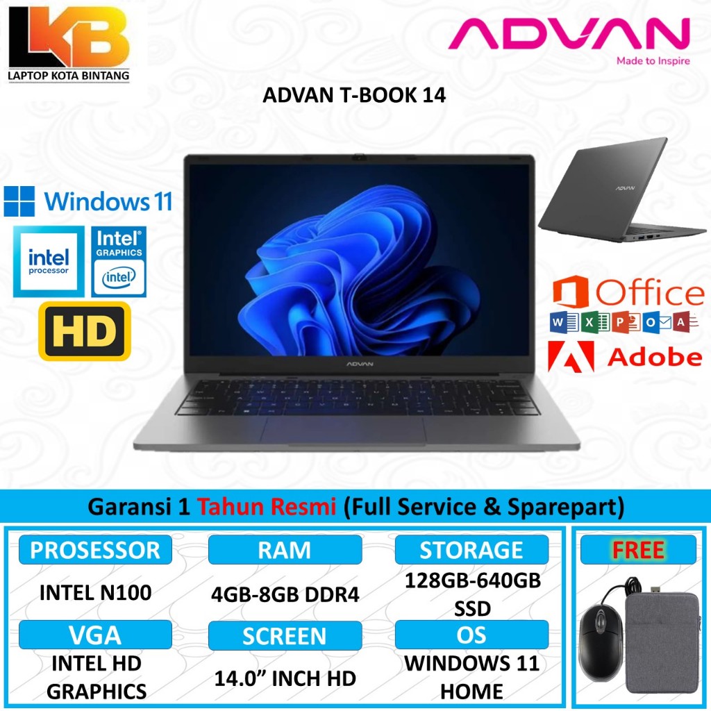 Jual Laptop Advan T-Book 14 INTEL N100 Ram 8GB 512GB 14.0 HD WIN11HOME ...