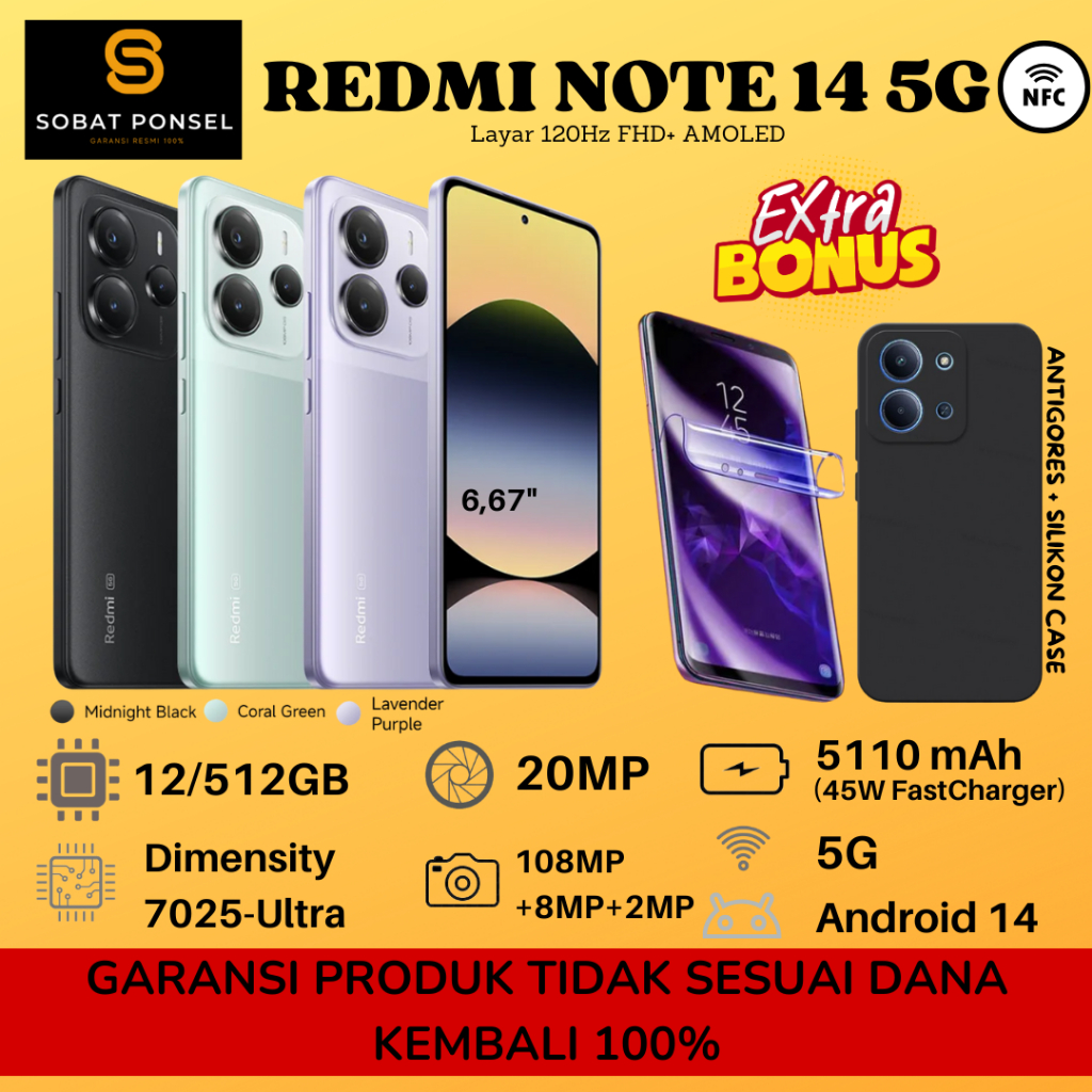 Jual Xiaomi Redmi Note 14 5G 12/512GB, 8/256GB - Kamera AI 108MP ...