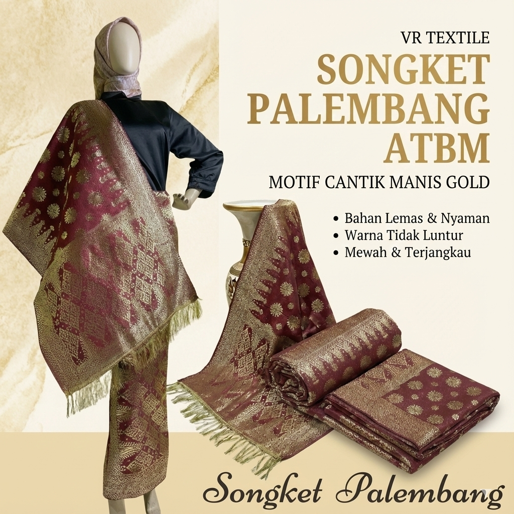 Jual VR TEXTILE Songket Palembang ATBM Cantik Manis Gold Set Kain ...