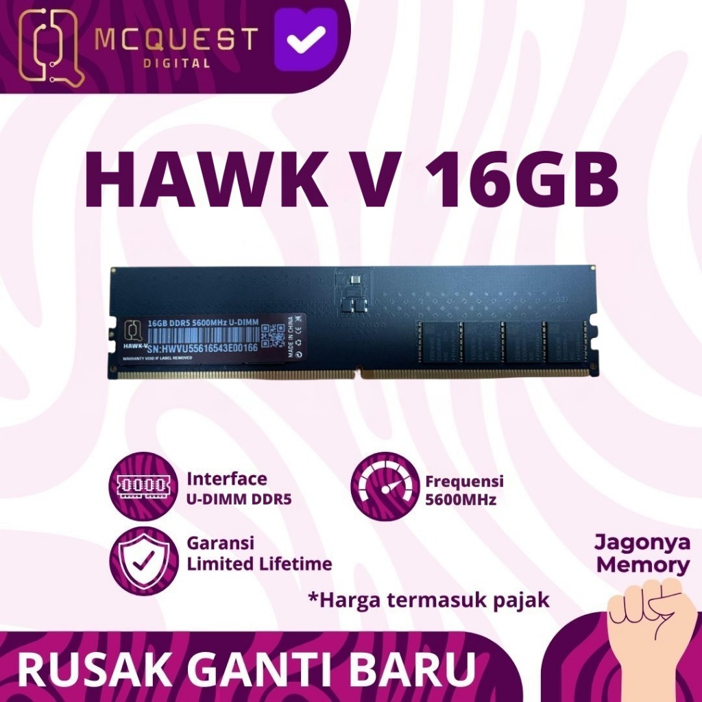 Jual McQuest Hawk DDR5 PC44800 5600Mhz 16GB - Memory Ram PC | Shopee ...