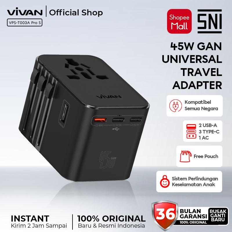 Jual VIVAN Universal Travel Adaptor 45W GaN VPS-T003A Pro-S USB Type-C ...