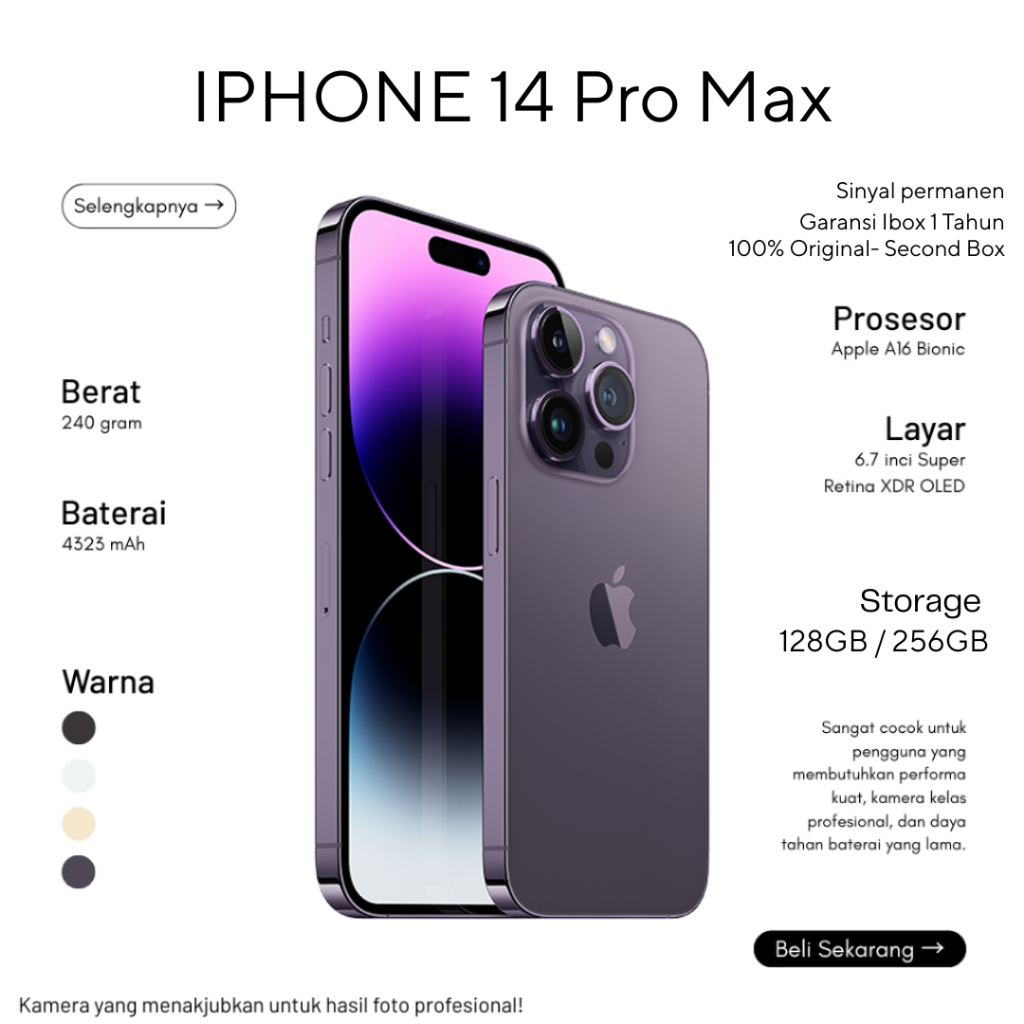 Jual Garansi 12 Bulan – iPhone 14 Pro Max 128/256GB Like New, Original ...